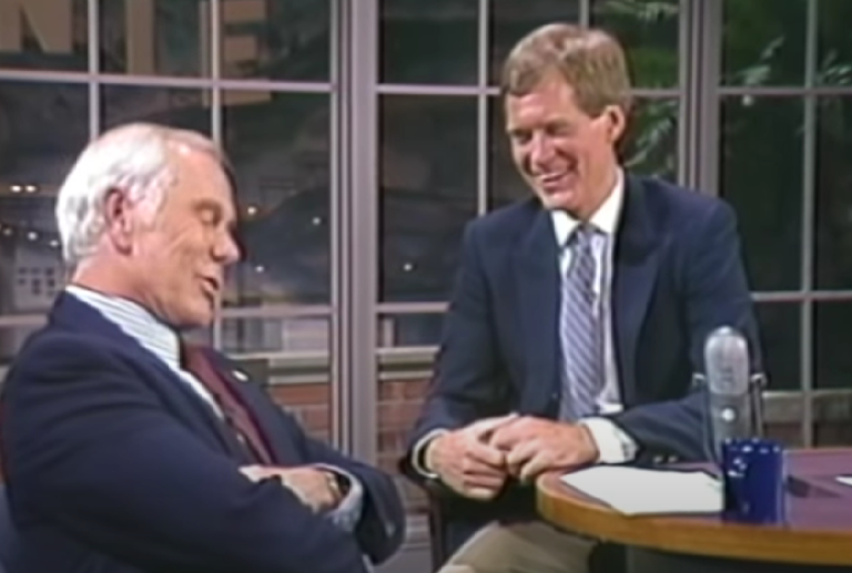 Johnny Carson Visits the Late Night with David Letterman Show in 1985 ...